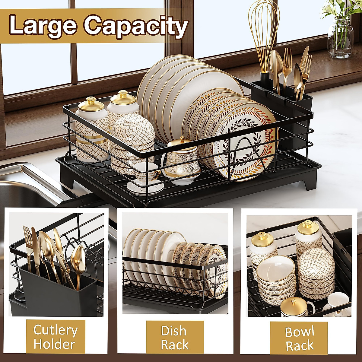 MAJALiS 304 Stainless Steel Dish Drying Rack for Kitchen Counter, 2 Tier Large Dish Draines, Dish Strainers with Drainboard Set, Dish Dryer Rack with Utensil Holder, Knife Holder (Black)