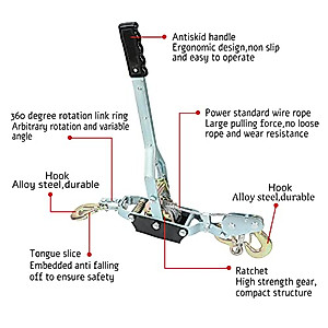 5 Ton Heavy Duty Steel Cable Dual Gear Power Ratchet with 3 Hooks Automotive Hoist Cable Puller Come Along Winch Hoist Come Along Cable Lever