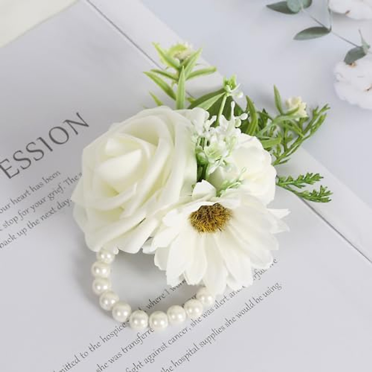 Jieowvhc Ivory White Rose Wrist Corsage for Wedding, Set of 6 Prom Flower Corsage Wristlet Wristband for Women Girls Bride Bridesmaid Artificial Rose Hand Flowers for Homecoming Ceremony Anniversary P