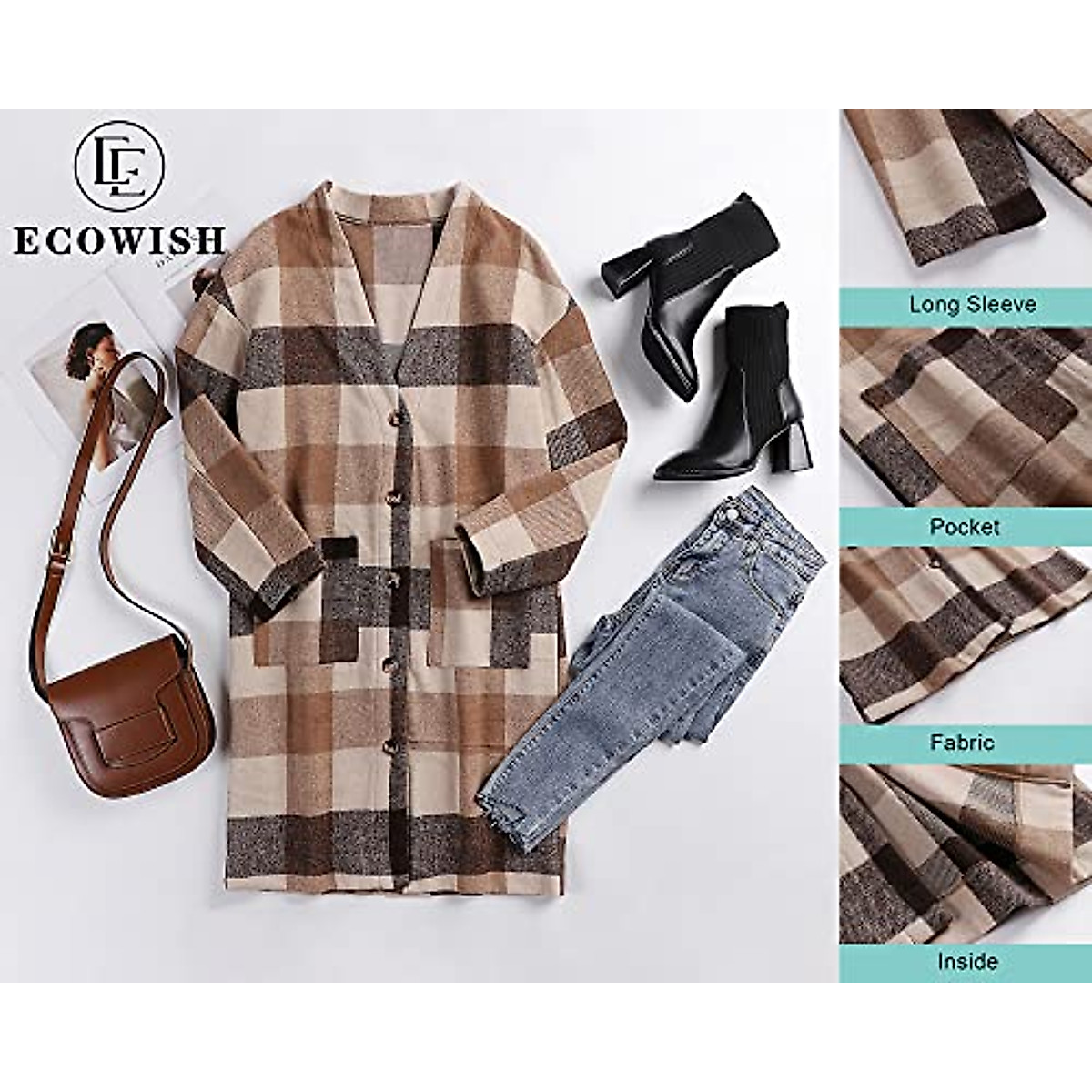 ECOWISH Women Jacket Flannel Coat - Fall Plaid Shacket Long Sleeve Button Trench Cardigan Outfits Casual Outwear Black White Medium