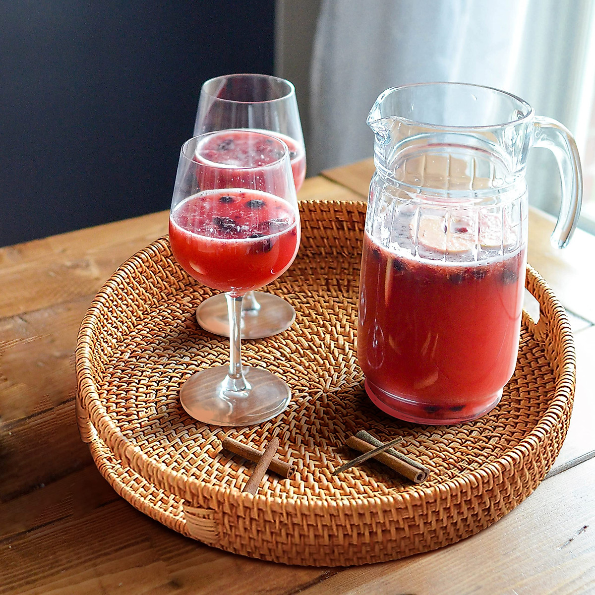 ANKUR Round Rattan Serving Tray with Handles- Decorative Woven Ottoman Trays with Handle,Coffee Table Basket,Natural Basket Wave Tray, Bathroom Decor (L- 13.7 Inch & M- 11.8 Inch)