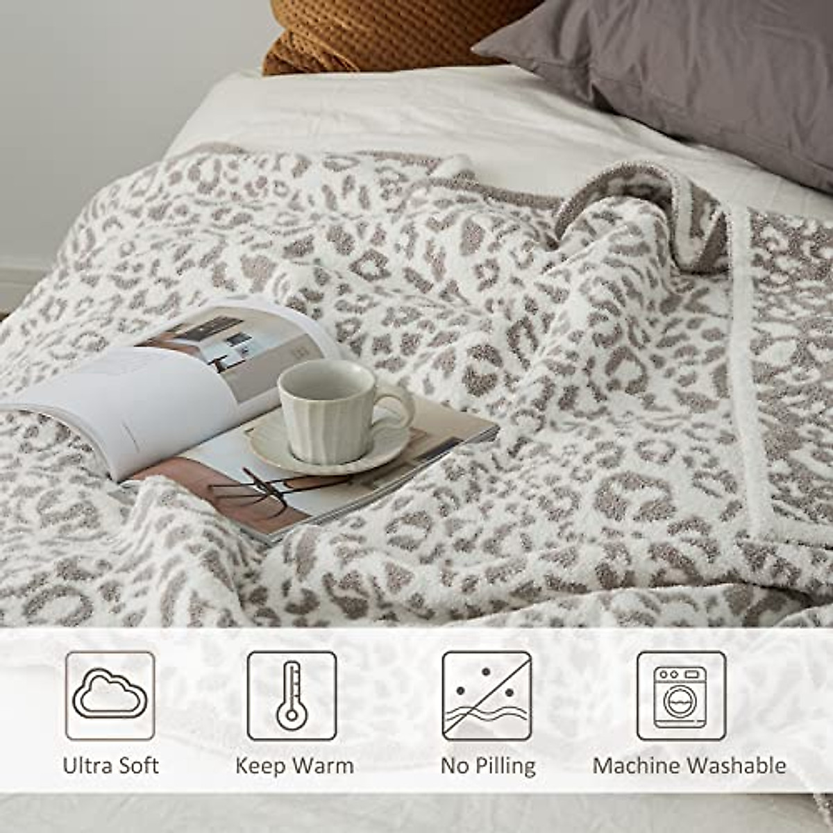 Fluffy Leopard Knitted Throw Blanket Ultra Soft Reversible Grey White Cheetah Printed Bed Blanket Cozy Warm Micro Plush Blanket for Couch Bed Sofa (Grey, 51"x63")