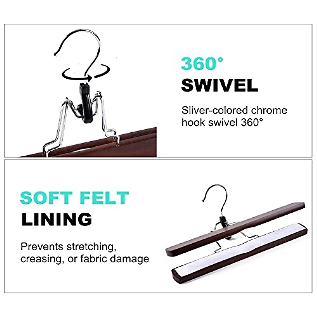 Amber Home Walnut Wooden Pants Hangers 10 Pack, Wood Clamp Hangers with Non Slip Padded Velvet, Jeans/Slacks Hangers Hair Extension Hangers for Skirts, Trousers, Wigs (Walnut, 10)