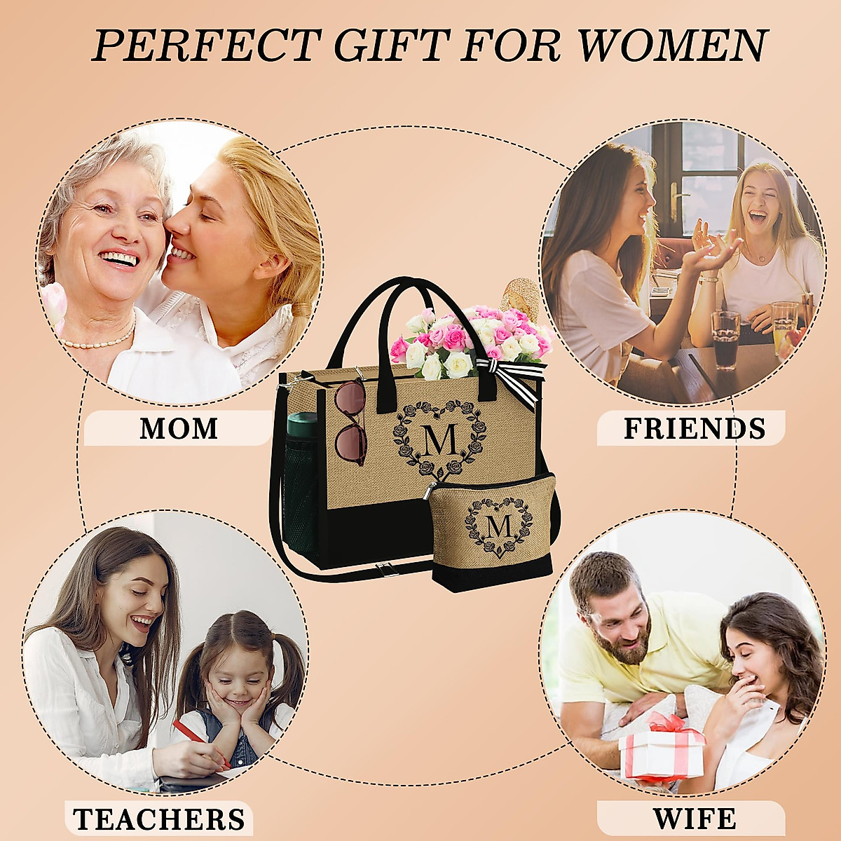 YOOLIFE Personalized Initial Jute Tote Bag, Unique Gifts for Women Beach Bag Tote Makeup Bag Large Tote Bag for Women Teacher Gifts Mom Gifts Bridesmaid Gifts Friend Birthday Gifts for Women Letter J