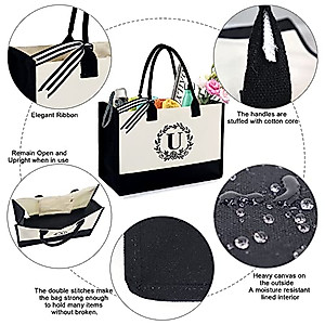 BeeGreen Initial Tote Bag with Zipper Pocket Embroidery Gifts Monogram Beach Tote Bag with Removable Bottom Support 13OZ Canvas Tote Bag Aesthetic for Bridesmaids Teacher Mother's Day Large Tote Bag U