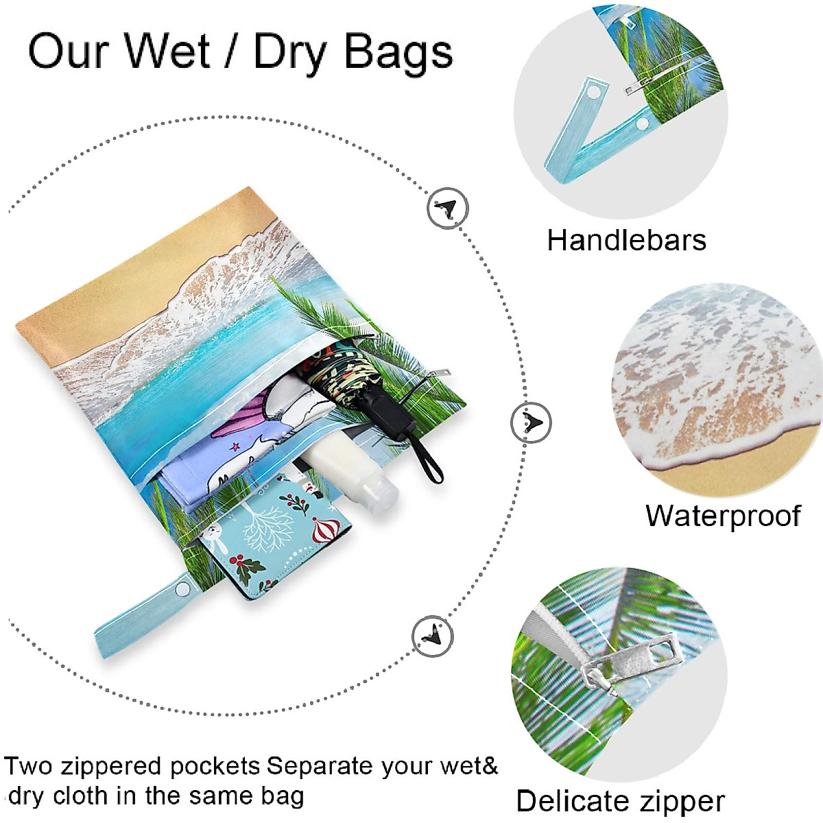 visesunny Palm and Tropical Beach 2Pcs Wet Bag with Zippered Pockets Washable Reusable Roomy for Travel,Beach,Pool,Daycare,Stroller,Diapers,Dirty Gym Clothes, Wet Swimsuits, Toiletries