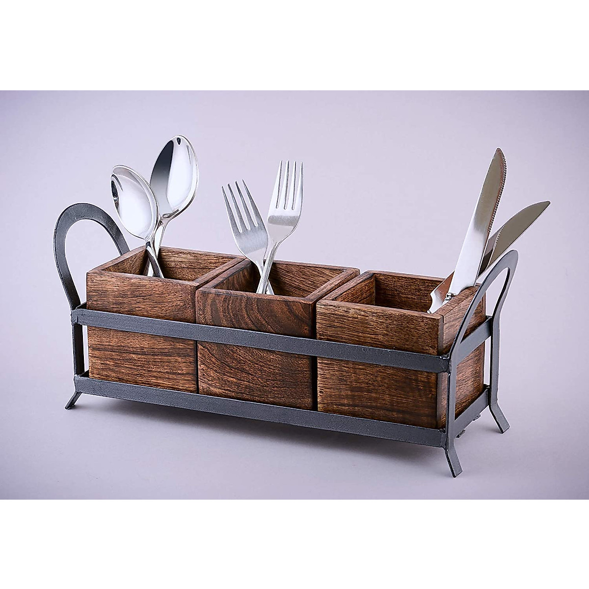 CUT01BR Wooden Utensil Cutlery Holder Caddy Flatware and Silverware Organizer Spoons, Forks, Knifes and Napkin Supplie