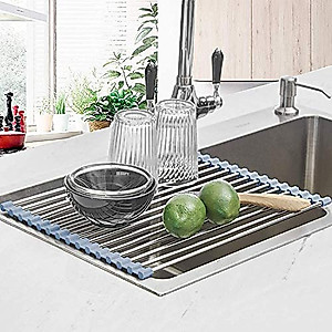 Seropy Roll Up Dish Drying Rack, Over The Sink Dish Drying Rack Kitchen Rolling Dish Drainer, Foldable Sink Rack Mat Stainless Steel Wire Dish Drying Rack for Kitchen Sink Counter (17.5''x11.8'')