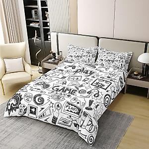 Reversible 100% Cotton Gaming Comforter Cover Full, Kids Gamepad Cartoon Bedding Set, Video Games Gamers Duvet Cover, Hip Hop Graffiti Quilt Cover, Racing Car Bedspread Cover Comfy, Black White