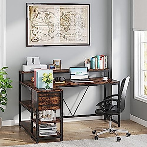 Tribesigns Reversible L Shaped Desk with Drawer, Industrial Corner Desk Home Office Table with Storage Shelves and Monitor Stand, Rustic Wooden and Metal PC Desk for Small Space (Rustic)