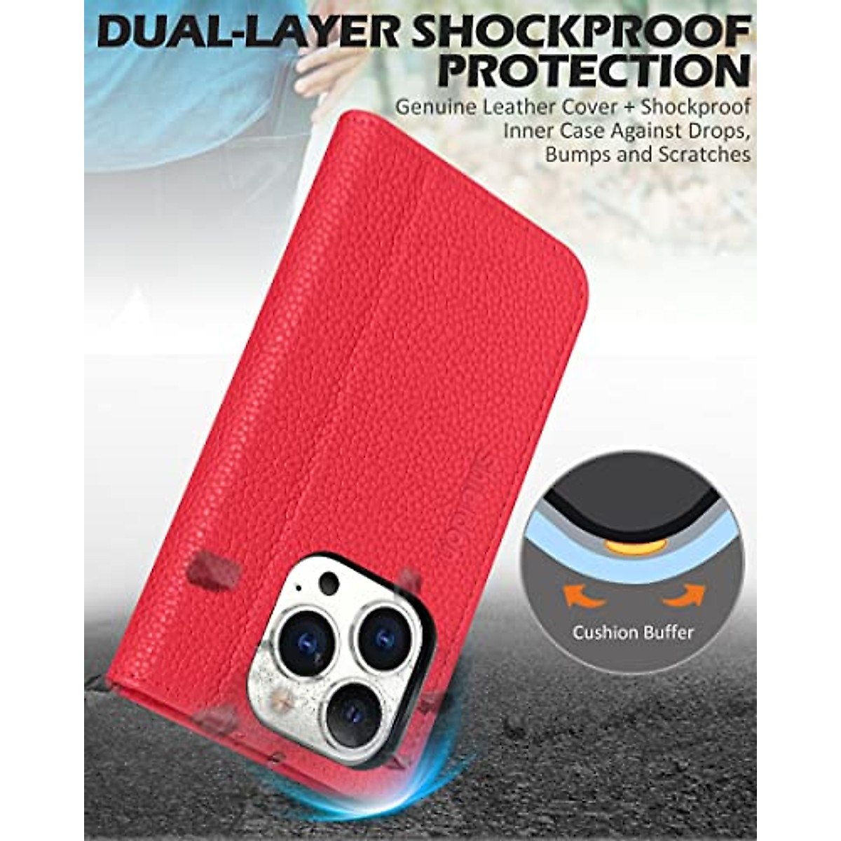 SHIELDON Wallet Case for iPhone 14 Pro 2022, Genuine Leather Folio Case Magnetic Closure RFID Blocking Card Slots Kickstand Full Protection Case Compatible with iPhone 14 Pro 6.1" - Litchi Grain Red