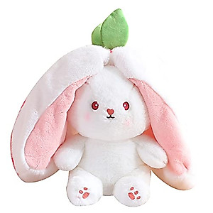 REYBEYOLA Easter Bunny Stuffed Animal Cute Rabbit Plushie Hide-and-Seek Bunny Carrot Strawberry Bunny Pillow Plush Toy for Boys Girls (Pink, 9.84 inch)