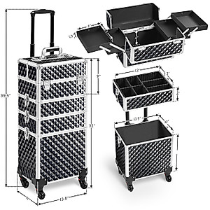 Yaheetech Professional Makeup Train Case 4 in 1 Cosmetic Trolley Nail Tech Travel Case Rolling Makeup Organizer Salon Barber Case with Wheels Hairstylist