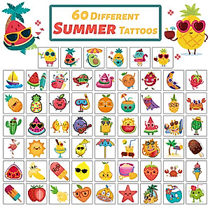240 Pcs Summer Fruit Temporary Tattoos for Kids, Safety Waterproof Bulk Tattoos Stickers, Hawaiian Themed Tattoos Toys, Best Choice for Summer Party and Goody Bag Stuffers, 60 Different Designs