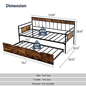 Tatub Twin Daybed with Trundle, Rustic Metal Sofa Bed Frame with Wooden Headboards, Saving Space Day Bed Frame for Living Room, Bedroom, Apartment, Rustic Brown