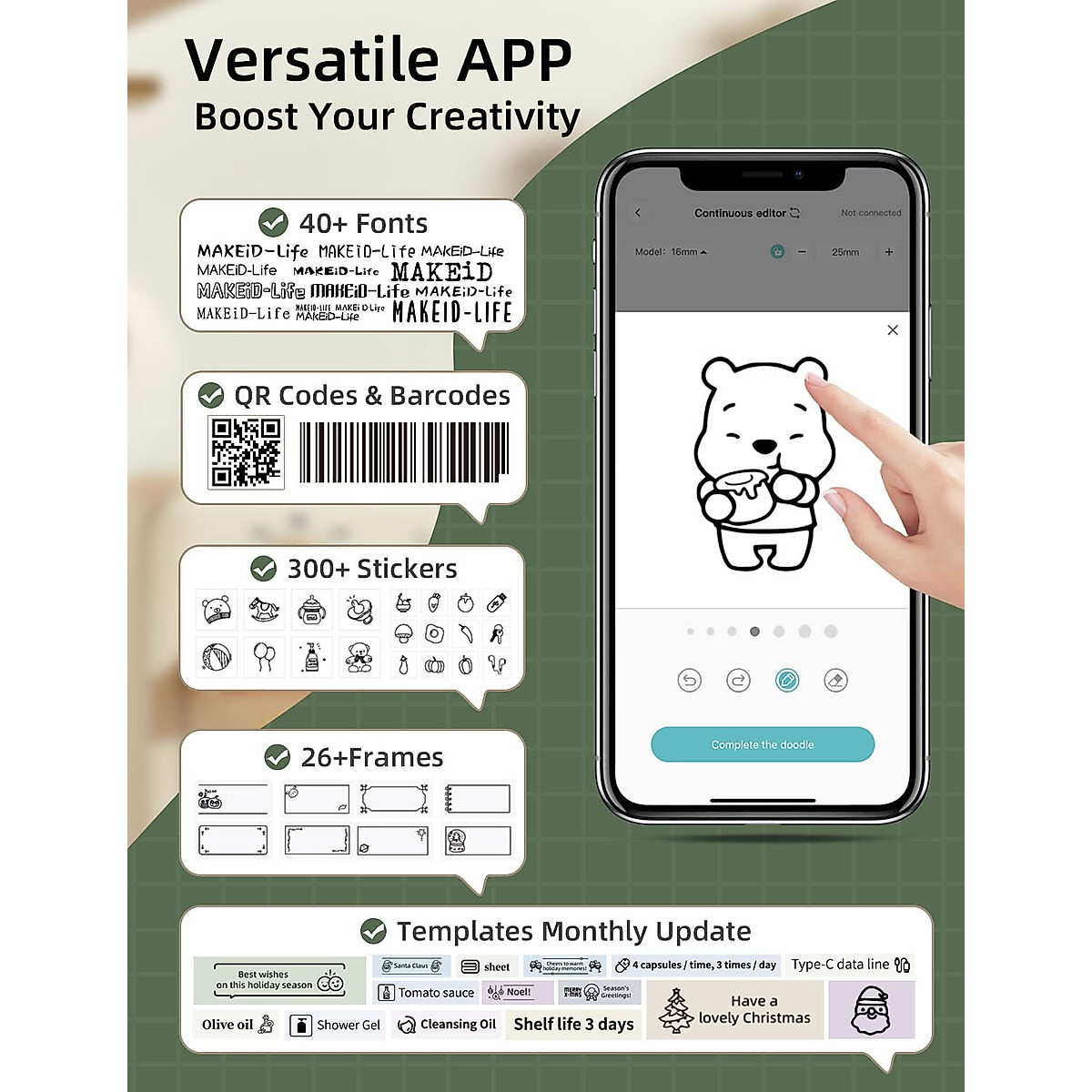 Makeid Label Printer HD(300dpi), Portable Bluetooth Handheld Label Maker Machine with Tape, Multiple Templates Compatible with iOS Android Easy to Use Rechargeable Labeler