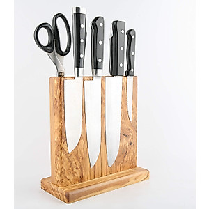 BOUMBI Beautiful Grain Wood Magnetic Knife Block with Strong Magnets, Double Side Cutlery Display Stand and Storage Rack (Olive Wood)