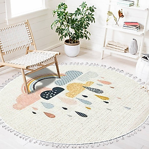 DNEWYNPABV Round Boho Rug Sky with Clouds rain Drops and Rainbows Cute Doodle Decorative Area Linen Carpet Patio Hallway Runner Mat Pad Minimalist Home Decor for Living Room Outdoor, Multi, 4 ft