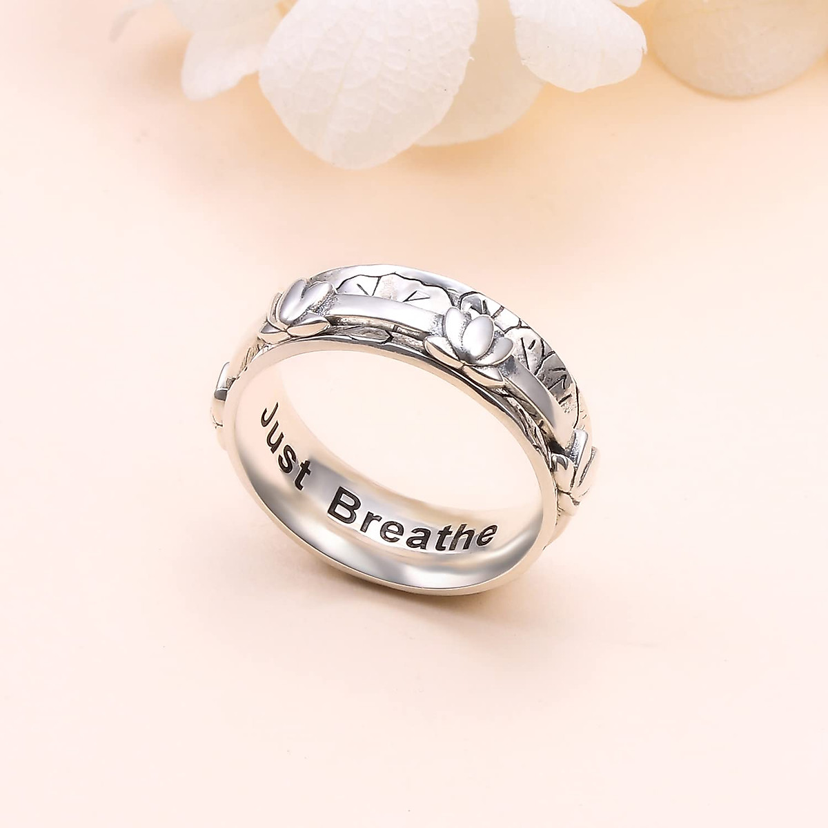 Ladytree Lotus Anxiety Relieve Spinner Rings Just Breathe Yoga Flower Fidget Ring Wide Band Oxidized Sterling Silver ADHD Stress Relieving Ring for Women(7)