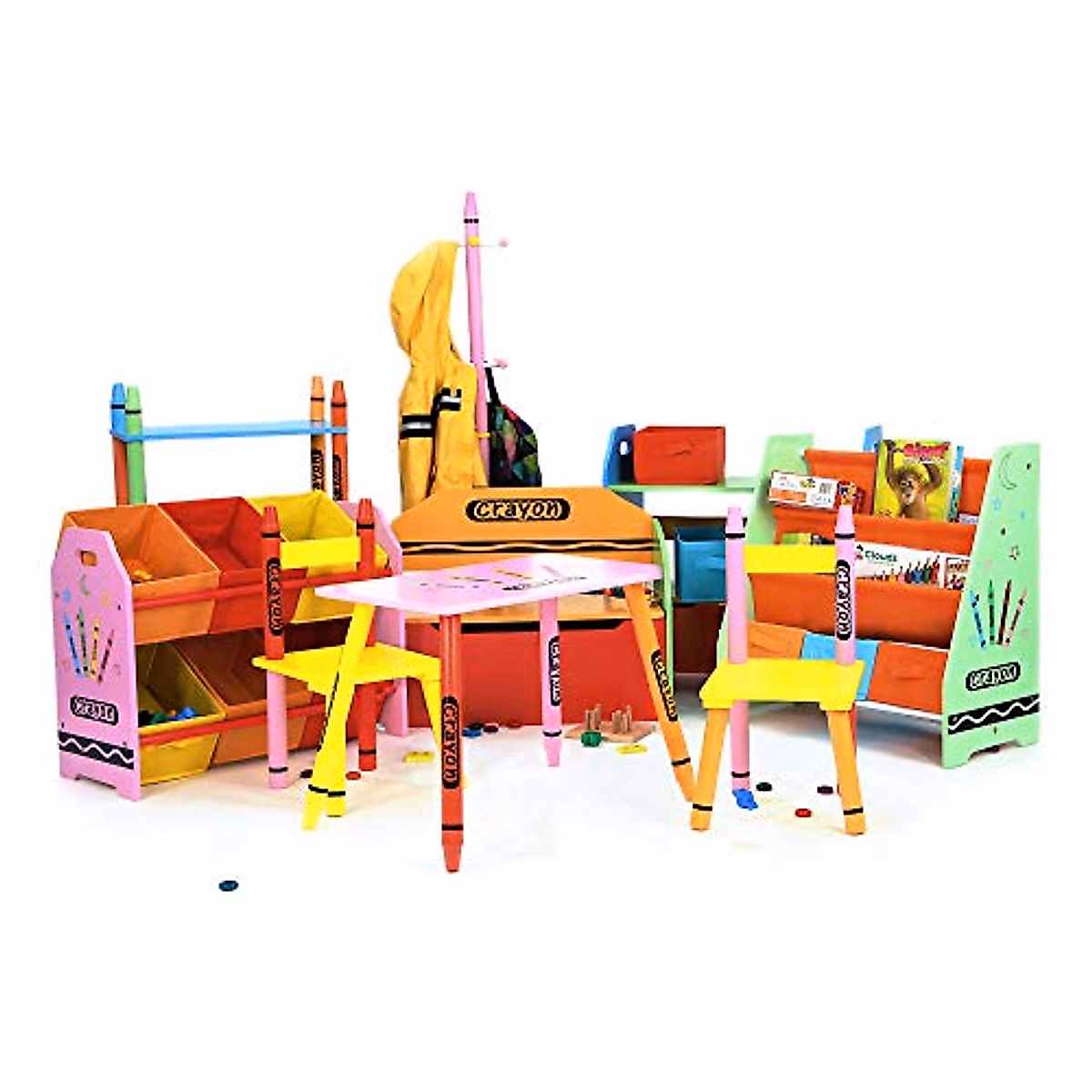 Bebe Style Premium Toddler Furniture Wooden Toy Storage Organizer Shelf with 6 Buns Crayon Theme Easy Assembly