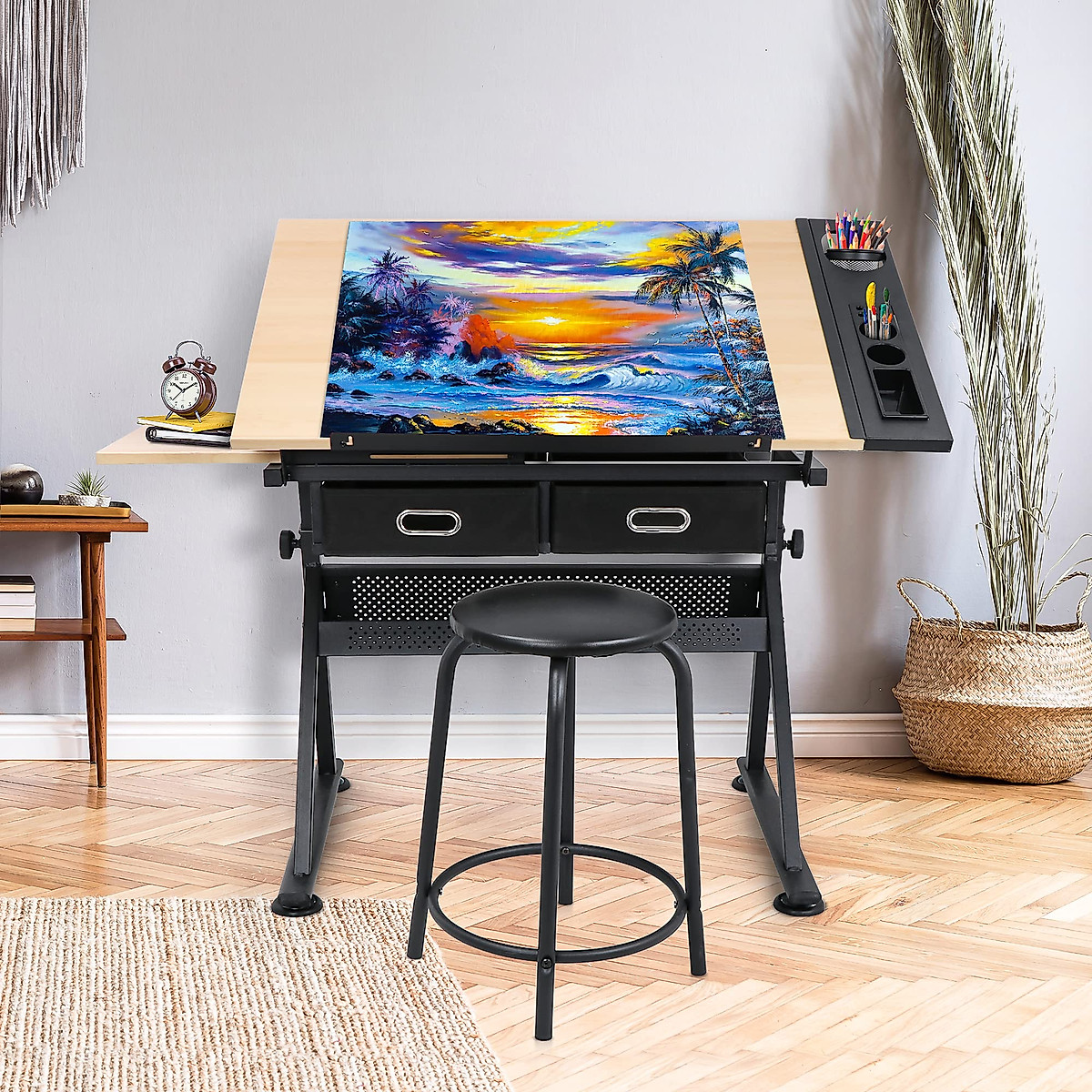 NOVA MICRODERMABRASION Adjustable Height Drafting Desk Drawing Table Tiltable Tabletop for Reading, Writing Art Craft w/Stool and Drawers