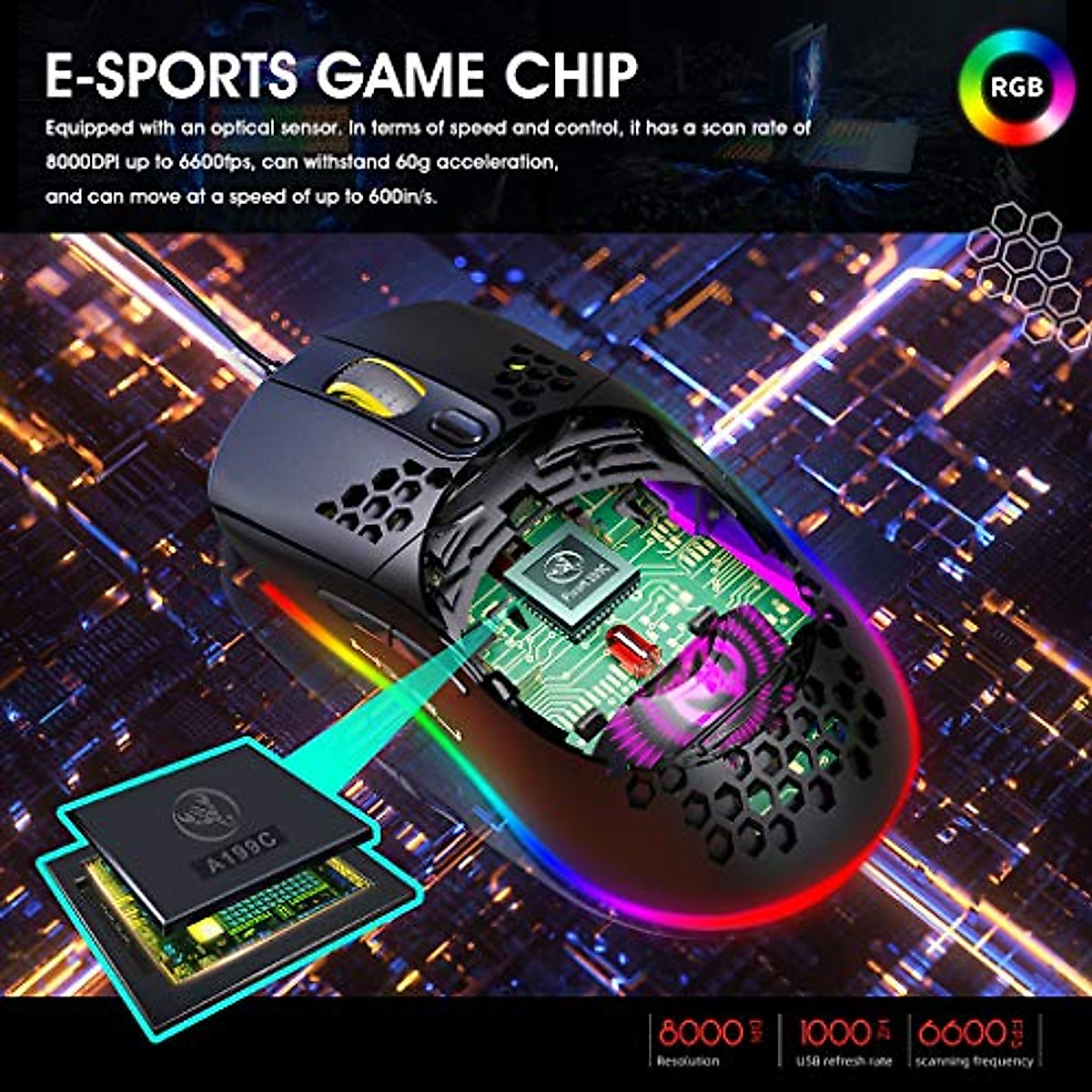 uvvy Cursor with Cable, 6 Gear DPI Mouse with Programmable Hole with Adjustable Cable RGB Mouse with Breathing Light
