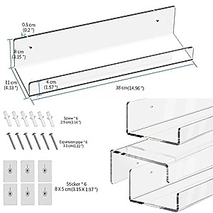 facinlay Acrylic Shelves, Clear Floating Shelf, Wall Ledge Bookshelf,Kids Bookshelf, Invisible Spice Rack, Thick Bathroom Storage Shelves, Display Organizer for Office Kitchen, 15" L, Set of 3
