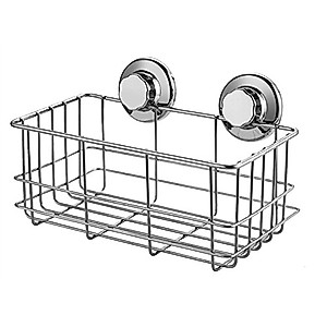 SANNO Suction Cup Shower Caddy Bath Wall Shelf, Deep Bathroom Basket Large Shower Caddy Bath Organizer Kitchen Storage Basket for Gel Holder Bathroom Storage Shampoo, Conditioner -Stainless Steel