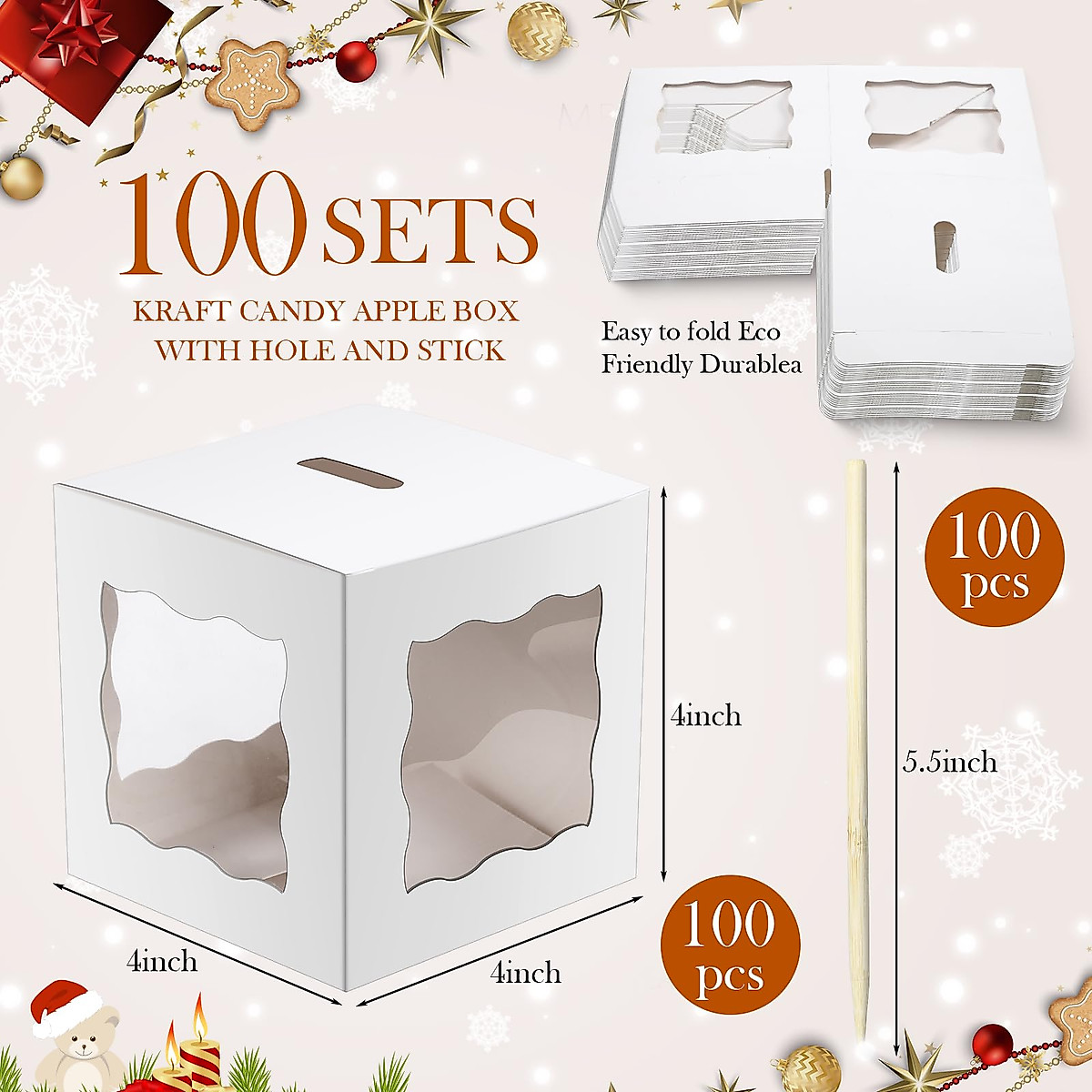 Sliner 100 Sets 4 x 4 x 4 Inch Kraft Candy Apple Boxes with Holes Candy Apple Sticks Caramel Apple Boxes Apple Container Chocolate Apple Gift Box with Clear Window for Autumn Christmas (White)