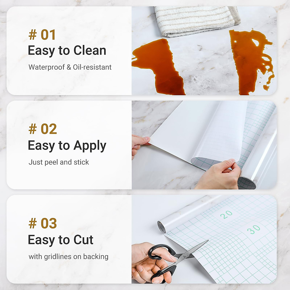 Homein Marble Contact Paper 17.5"×78.7", Peel and Stick Countertops Wallpaper Waterproof Self Adhesive Wall Paper Roll for Cabinets Drawers Kitchen Old Furniture, Modern Glossy White/Gold