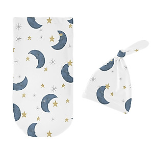 Sweet Jojo Designs Moon Star Baby Boy Girl Cocoon and Beanie Hat Set Jersey Stretch Knit Sleeping Bag Infant Newborn Nursery Sleep Wrap Sack - Navy Blue Gold Watercolor Celestial Sky Gender Neutral