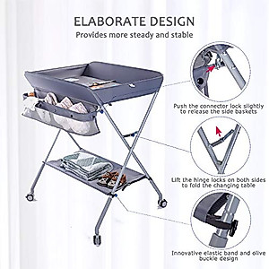 EGREE Baby Changing Table Portable Folding Diaper Changing Station with Wheels, Adjustable Height Mobile Nursery Organizer with Safety Belt and Large Storage Racks for Newborn Baby and Infant, Gray