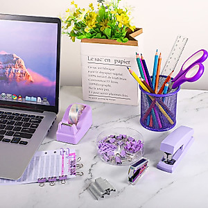 Purple Desk Accessories Set, Purple Gifts Office Supplies Kit Stapler and Tape Dispenser Set with Staple Remover 1000 Staples Pen Holder Office Gift for Coworkers