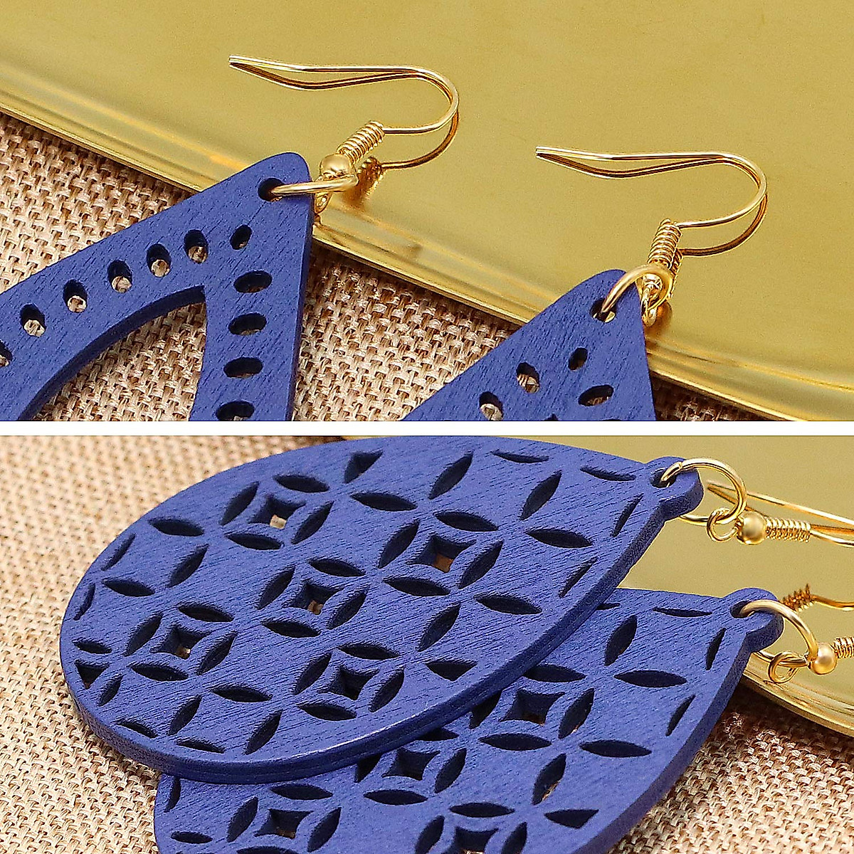 Wovanoo Wooden Cut-out Drop Earrings 2 Pairs Natural Wood Dangle Teardrop Jewelry Gifts Blue Oval