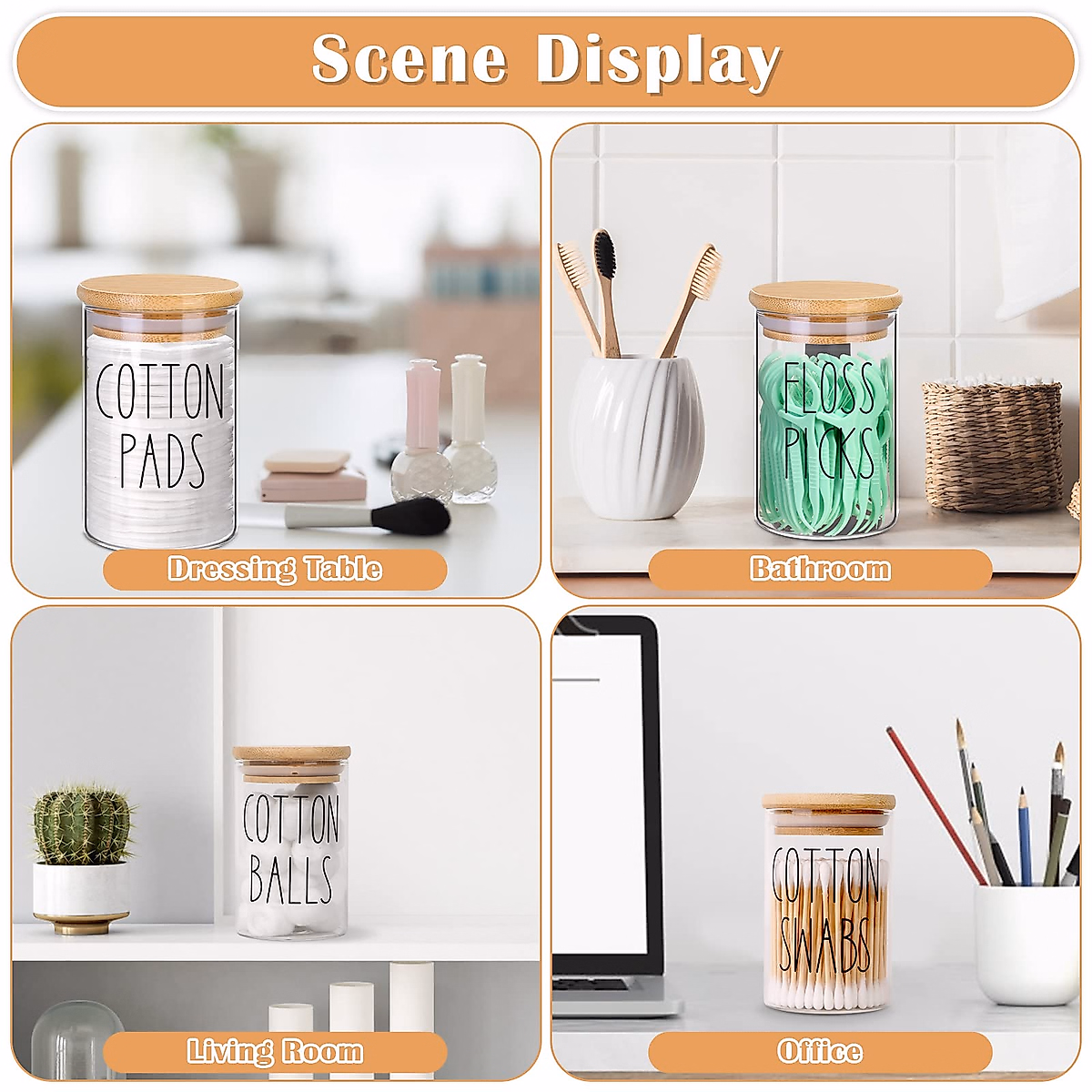 4 Pack Qtip Holder with Lid Set, 10oz Clear Glass Canister Apothecary Jars Bathroom Organizers and Storage Accessories Vanity Essential Containers for Cotton Swab, Cotton Ball, Cotton Pads, Floss Pick