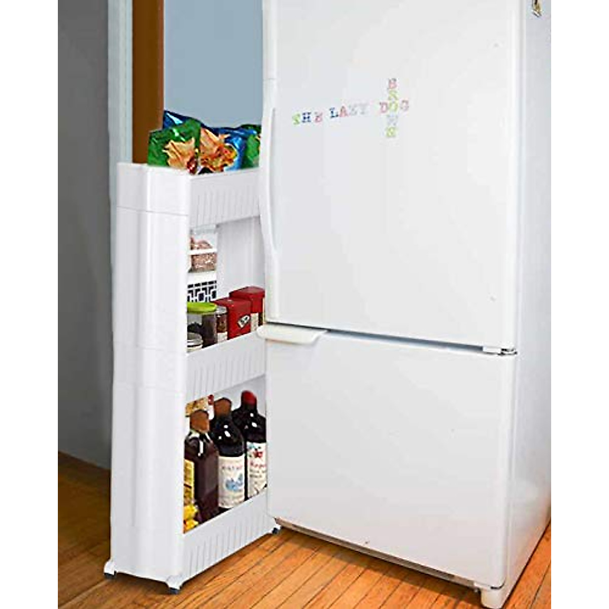 Home-X Slim 3-Tier Rolling Cart for Laundry Room and Bathroom Organization, Space-Saving Storage with Shelves and Wheels, Small Pantry Shelf, Narrow Organizer, White Shelving Unit