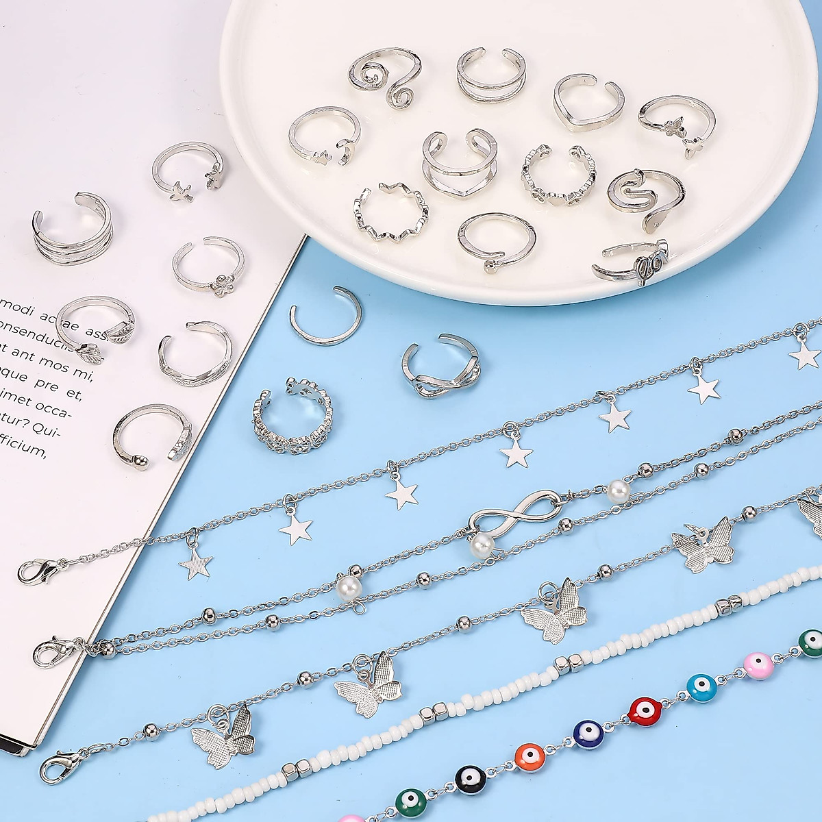 JOERICA 25 Pcs Toe Rings and Ankle Bracelets for Women Evil Eye Butterfly Anklets Open Adjustable Snake Flower Heart Toe Rings for Summer Beach Foot Jewelry