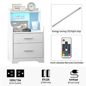 Nightstand with Charging Station & LED Lights, White Nightstand with 2 Drawers and Open Storage, Bed Side Table Night Stand for Bedroom Living Room Office, White Wood Side Table