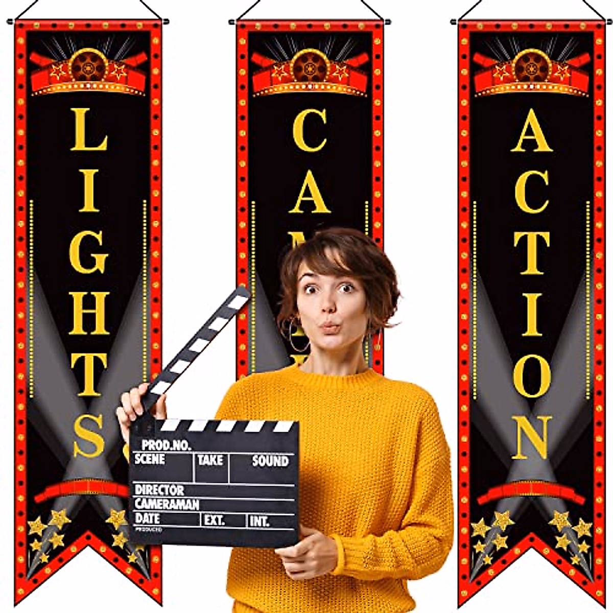 Tegeme Movie Night Porch Sign Banner Theme Party Decorations Theater Welcome Now Showing Lights Camera Action Hanging for Home Film Backdrop Supplies (Delicate Style, 3 Pieces)