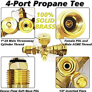 GardenNow Upgraded Propane Brass 4 Port Tee Kit Propane Brass Tee Adapter Kit with 5FT and 12FT Stainless Braided Hoses Allow for Connection Between Auxiliary Propane Cylinder and Propane Appliances