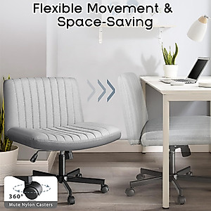 PUKAMI Criss Cross Chair with Wheels,Fabric Padded Armless Cross Legged Office Desk Chair for Home Office,Modern Swivel Height Adjustable Wide Seat Computer Task Vanity Chair(Grey)