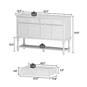 ECACAD Modern Sideboard Buffet Storage Cabinet with Drawers, Shelves & Carved Legs, Entryway Console Cabinet for Kitchen, Living Room, White (47.2”L x 15.7”W x 31.9”H)