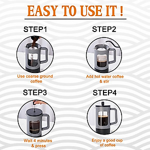 YOLIFE French Press Coffee Maker, 21 oz Small Coffee Tea Press with Heat-resistant Borosilicate Glass, 4-Level Filtration Systems, Portable Coffee Pot for Camping Travel Gifts, Grey and Black