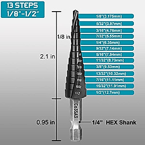 OXMUL Step Drill Bits for Metal, 1/8 to 1/2, Cobalt Bit, Heavy Duty for Stainless Steel,Metal, Aluminum, Wood, Copper, Wood, 13-Steps. #202