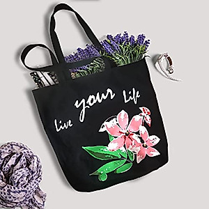 MEL JUN Canvas Tote Bag for Women, Light Beach Bags Gym Tote Reusable Grocery Bag Reading Totes Weekend Church Bag Black Floral Tote Bags with Pink Flower