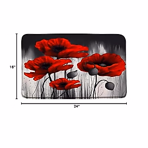 UAEAEX Red Black Flower Bath Mat Burgundy Red Floral Grey Abstract Graffiti Spring Summer Microfiber Memory Foam Bath Kitchen Living Room Foyer Decor Rug