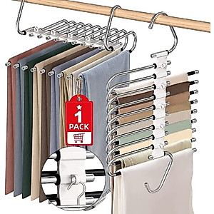 Upgrade 9 Layers Pant Hangers Space Saving, Non Slip Stainless Steel Multifunctional Pants Rack S-Type Clothes Pant Closet Hanger Organizer for Pants Jeans Trousers Scarf Skirts (1 Pack, Antiquewhite)