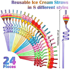 24 Pieces Reusable Ice Cream Straws Plastic Ice Cream Drinking Straws Cute Crazy Straws Ice Cream Party Favors for Kids Birthday Party 8 Styles, 8 Colors