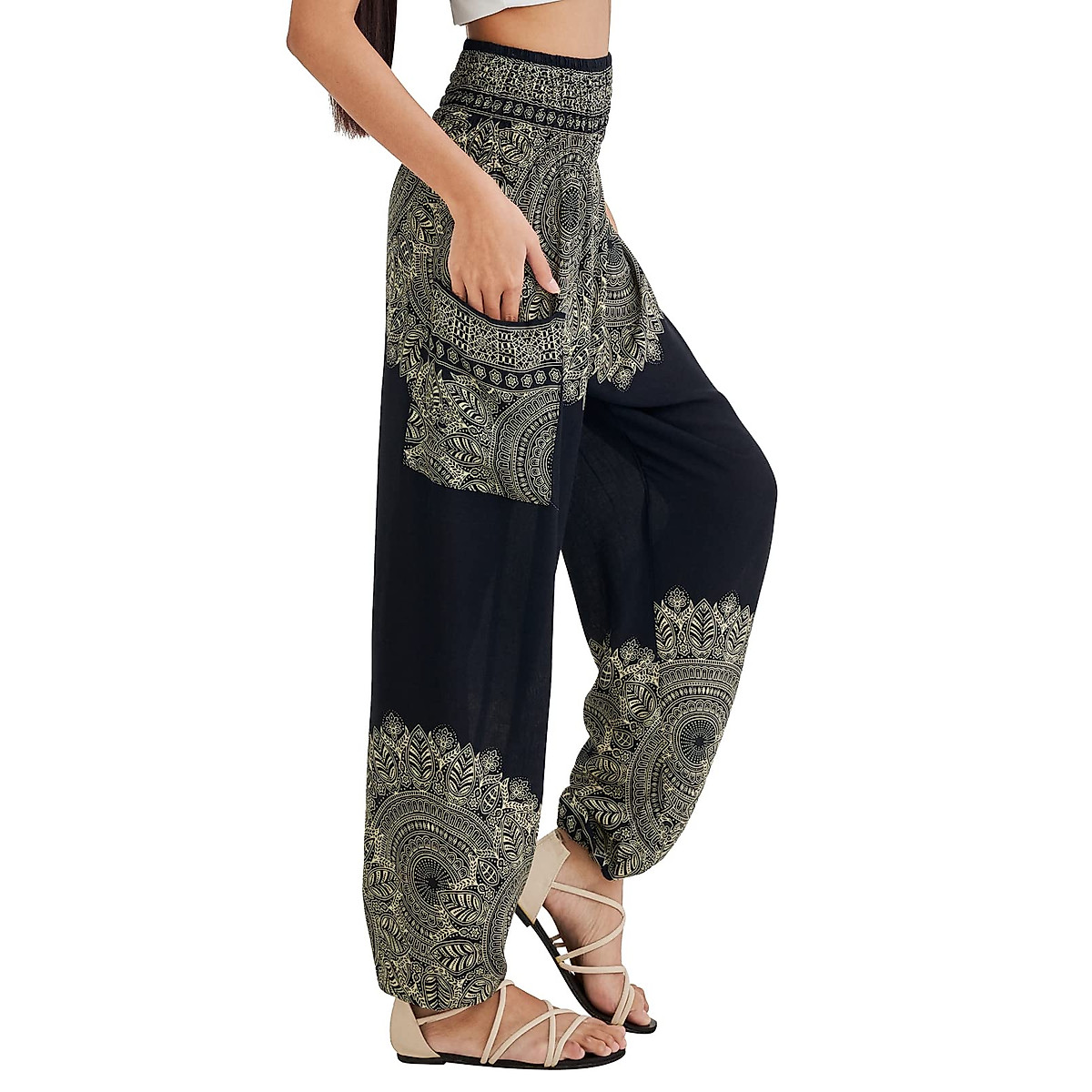 Joob Joob Boho Pants for Women - Hippie Harem Pants Women - Womens Yoga Pants – Comfy Bohemian Flowy Hippie Clothes - Black Medium