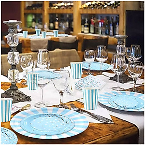 Blue Striped Birthday Party Supplies, Baby Shower Dinnerware Set, Paper Plates, Napkins, Cups and Wooden Cutlery (Serves 24, 192 Pieces), MP03